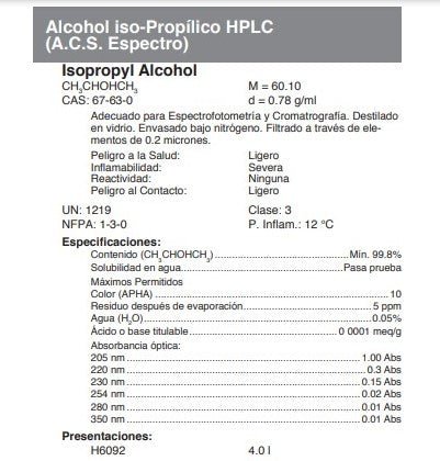 Alcohol iso-Propílico HPLC (A.C.S. Espectro) – FALAB