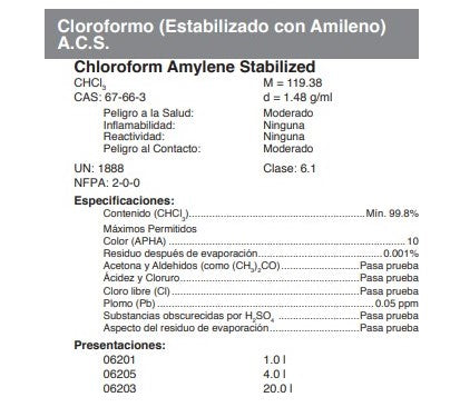 Cloroformo (Estabilizado con Amileno) A.C.S. – FALAB